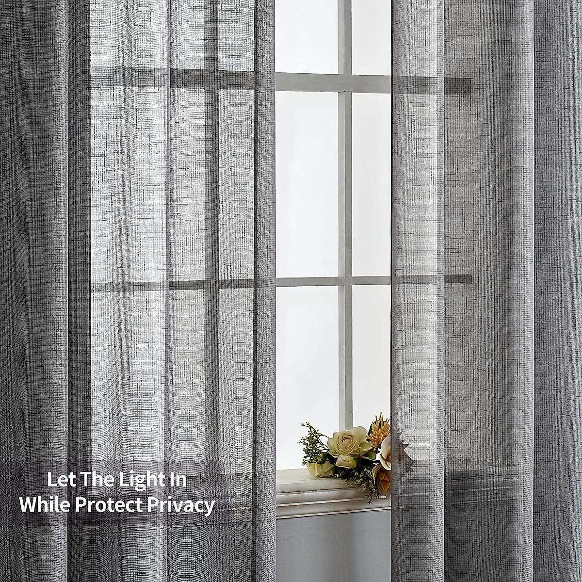 MIULEE 2 Panels Natural Linen Semi Sheer Window Curtains Elegant Solid Dark Grey Drapes Grommet Top Window Voile Panels Linen Textured Panels for Bedroom Living Room (52X96 Inch)