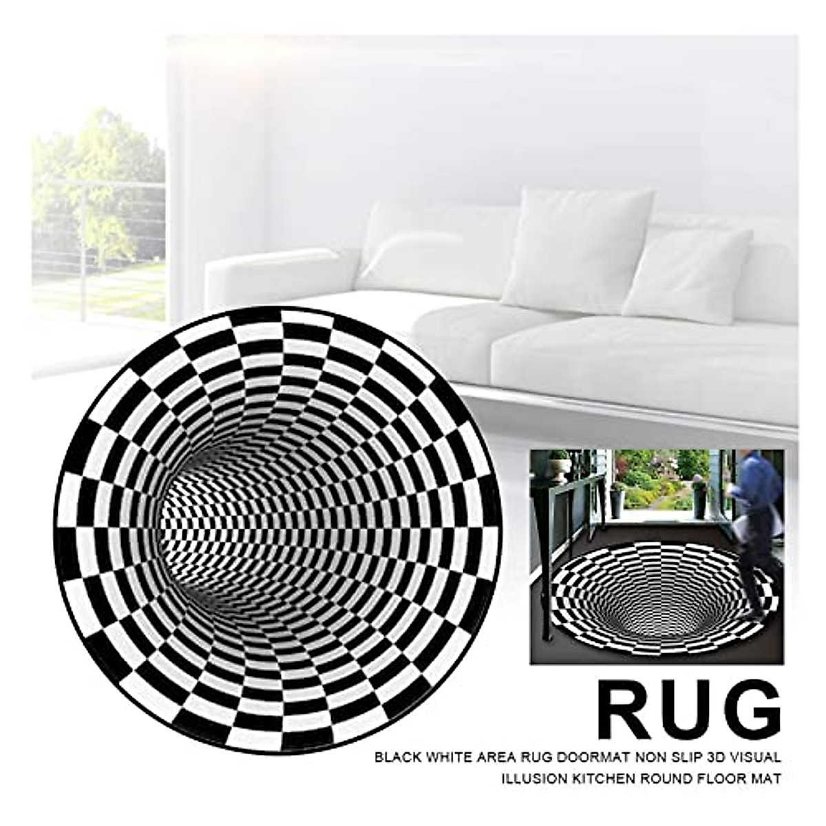 Carpet 3D Illusion Rug Round Black White Area Rug 3D Bottomless Hole Optical Illusion Area Round Carpets Polyester Floor Mat Rug for Living Room Kitchen Office Diameter:160 CM