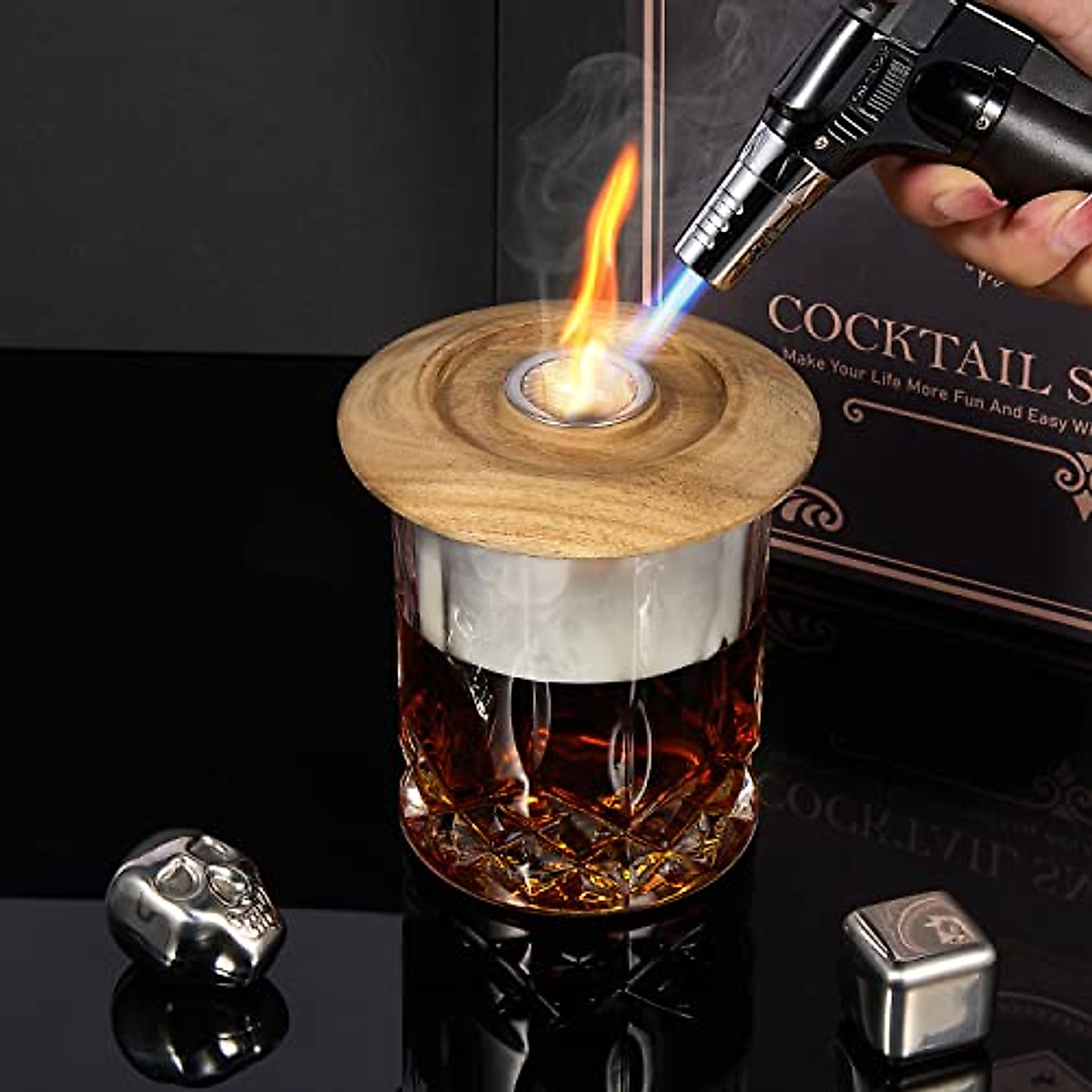EAOAK Cocktail Smoker Kit with Torch-Whiskey Drink Smoker&4 Flavors Wood Chips-Old Fashioned Smoker Kit for Infuse Cocktail, Bourbon,Bar Smoker Set Gift for Men,Husband,Dad,Valentine's Day(No Butane)