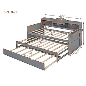 Bellemave Twin XL Daybed Captain Bed with 2 Twin Trundles and Storage Shelf Wooden Day Bed with USB Charging Ports for Kids, Boys and Girls No Box Spring Needed (Grey)