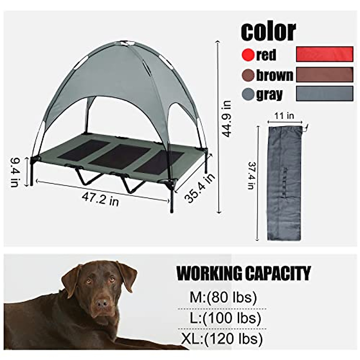 XL Size Large Elevated Dog Bed with Canopy,600D Oxford Dog Bed Cot with 210D Textilene Canopy,Outdoor Cooling Dog Cot with Shade Tent for Large Dogs,Holds up to 120 lbs,Send 1 pcs Soft Mat
