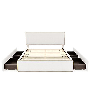 HBRR Queen Bed Frame with 4 Drawers, Upholstered Platform Queen Size Bed with Headboard Footboard, Wooden Slats Support, No Box Spring Needed, Easy Assembly, White