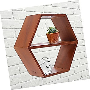 DIKACA 1pc Bookshelf Brown Farmhouse Living Hexagon Bathroom Decorative Wall-Mounted Rustic Wood Bedroom Bedside Hanging Home Useful Wall Shelves Honeycomb Wooden Hexagonal Rack Holder