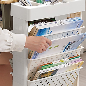 HEEPDD Movable Bookshelf Cart, 5-Tier Plastic Rolling Utility Cart Multifunctional Storage Trolley for Office Living Room Home Kitchen School (White)