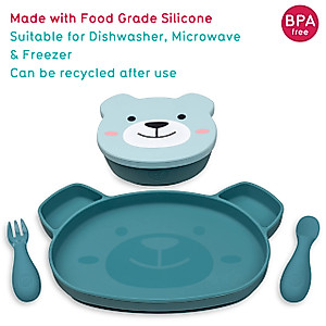 TUM TUM Baby Dinner Set for Weaning, Includes Silicone Suction Plate & Bowl, Baby Cutlery, 6 Months Plus, Dishwasher Safe, BPA Free (Boris Bear)