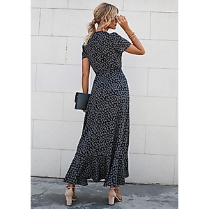 PRETTYGARDEN Women's Summer Wrap Maxi Dress Casual Boho Floral V Neck Short Sleeve Ruffle Hem Split Beach Long Dresses (Black,XX-Large)