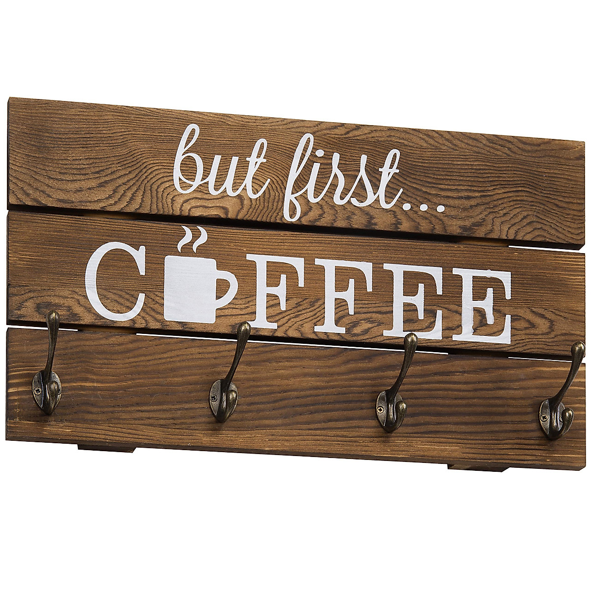 MyGift Burnt Wood Coffee Mug Wall Rack, Wall Mounted Decorative Coffee Bar Sign with 'But First Coffee' and 8 Dual Hooks