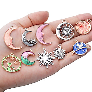 120pcs Celestial Charms Pendants, Mixed Antique Silver Sun Stars Moon Charm Pendant,Enamel Moon Star Cat Charms Pendants for DIY Earrings Necklace Jewelry Making Crafts