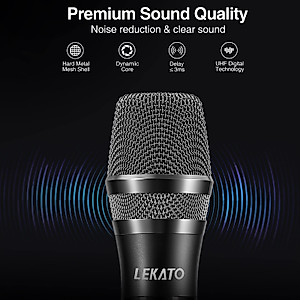 LEKATO Wireless Microphone, UHF Professional Microphones Rechargeable Metal Dual Wireless Microphone Dynamic Microphone System Set with Rechargeable Receiver for Karaoke Singing, Speech, Wedding
