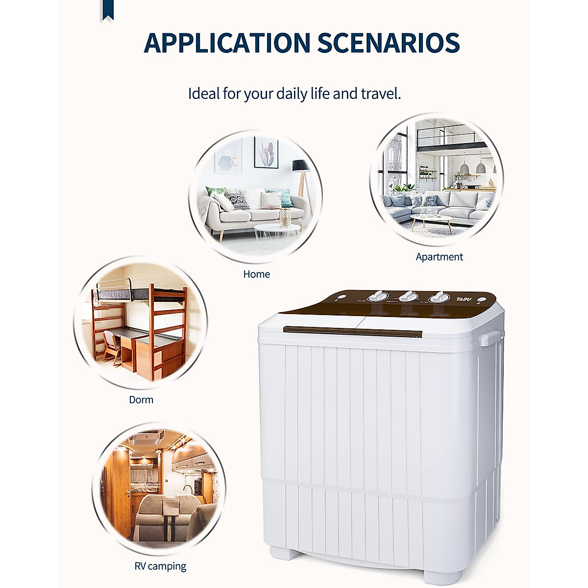 TABU Portable Washing Machine, 2 in 1 Washer Machine, Twin Tub Washing and Spining Combo Machine, 16.5LBS Portable Washer for Apartment, Dorms, RVs, Camping and More, White&Brown