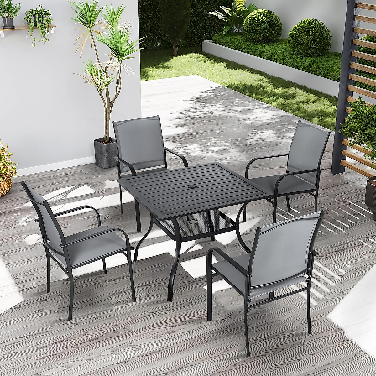 Crownland Outdoor Wrought Iron Dining Chairs Set of 4, Patio Textilene Dining Chair with High Backrest, Metal Frame Furniture Chairs with Armrests for Yard, Deck, Backyard, Lawn, Poolside (Grey)