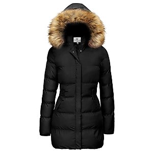 WenVen Women's Winter Thicken Warm Coat with Fur Removable Hood (Black, XL)