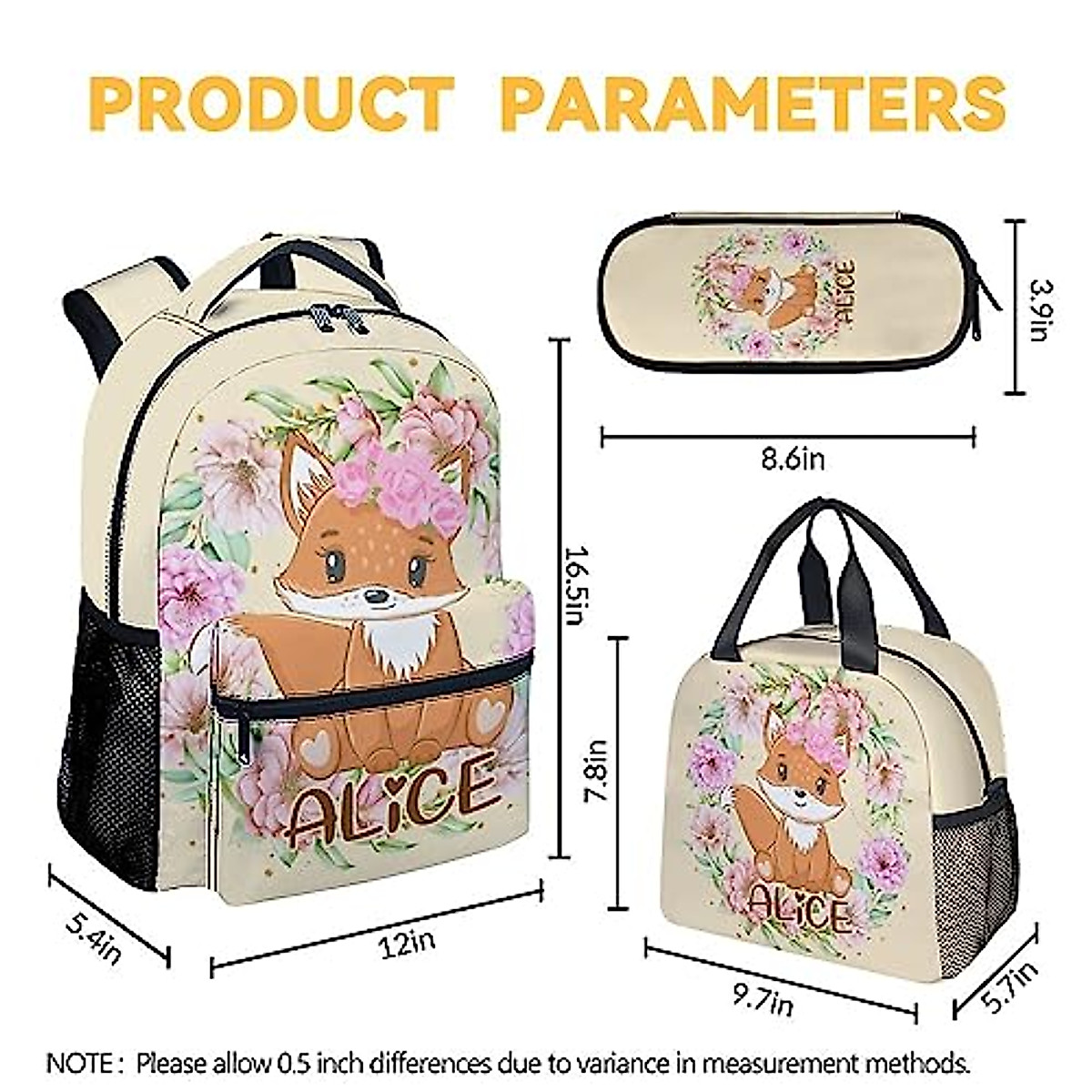 Homexzdiy Custom Cute Fox Backpack with Lunch Box Set for Girls Boys, Personalized 3 in 1 School Backpacks Matching Combo, Cute Light Yellow Bookbag and Pencil Case Bundle