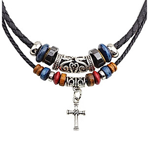 Braided Leather Necklace Vintage Style Double Layers Black Tribal Necklace with Charm Cross Pendant Black Cross