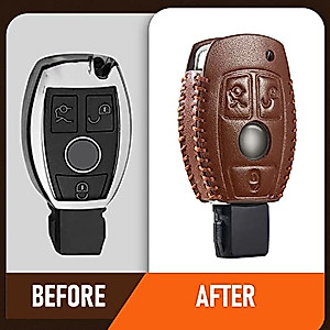 Slohif for Benz Key Fob Cover Keychain Accessories for Mercedes A C E S Class GLK CLA GLA GLC GLE CLS SLK AMG E260l C200l 3 Buttons, Leather Case+D-Ring+Hook(Brown)