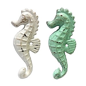 Cast Iron Seahorse Wall Hooks, Assorted Colors, Set of 2