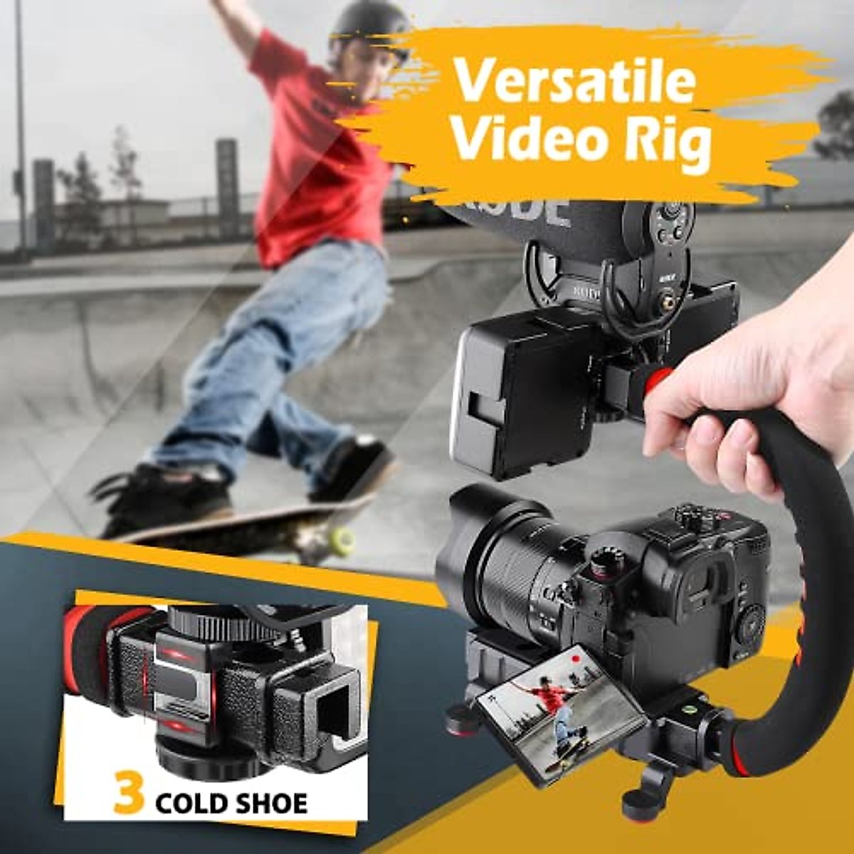 Zeadio Camera Smartphone Stabilizer, Foldable Handle Grip Handheld Video Rig, Compatibility with All Camera, Camcorder, Action Camera, DSLR and All iPhone and Android Smartphones