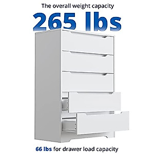 Cozy Castle 5 Drawer Chest, Mid Century Nightstand with Cutout Handle, Accent Drawer Dresser, Wood Storage Cabinet with Drawers for Bedroom Living Room Home Office Entry, White