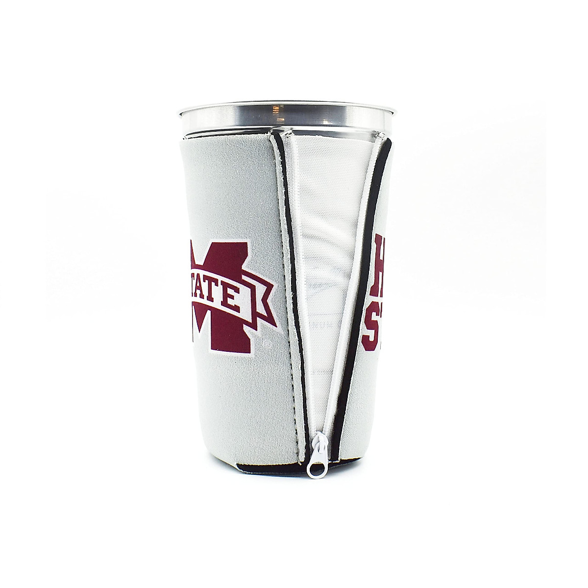 ZipSip NONMAGNET- MSU Adjustable All-In-One Coozie with Zippers for Cans, Bottles, Slim Cans, Pint Glasses, Party Cups – Can Cooler - Insolated Neoprene Sleeve - MSU Bulldogs Light Gray, Large
