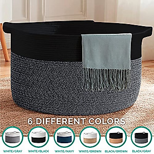 Organizix XXXXL Large Round Cotton Rope Storage Basket Bin Organizer Laundry Hamper with Handles, 21 x 21 x 14, Extra Large Blanket Woven Toy Basket, Black/Black