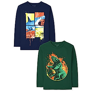 The Children's Place boys The Children's Place Long Sleeve Graphic T- 2-pack T Shirt, Dino/Shark, Small US