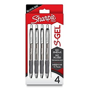 SHARPIE S-Gel, Gel Pens, Sleek Metal Barrel, Gunmetal, Medium Point (0.7mm), Black Ink, 4 Count