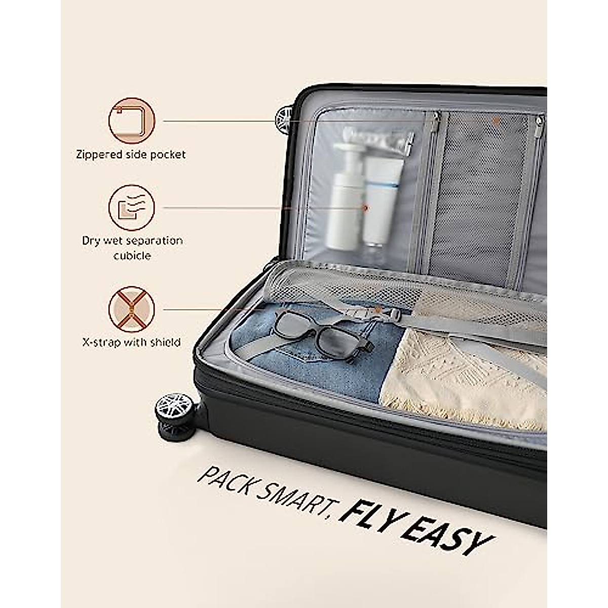 LUGGEX Carry On Luggage 22x14x9 Airline Approved with Laptop Compartment, PC Hard Shell Luggage with USB Port, Black Suitcase with Spinner Wheels