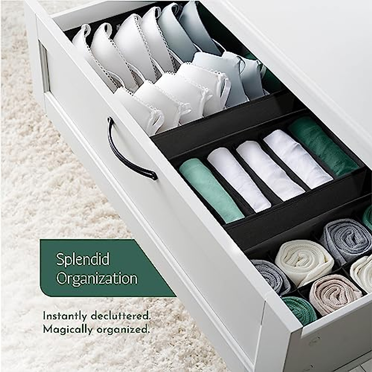 Dresser Organizer, [8 Pk] Black Fabric Dresser Drawer Organizers (4 Sizes With 90 Slots) Foldable Underwear Drawer Organizer Breathable Bins for Bra, Lingerie, Socks, Scarves, Belt, Tie, Baby Clothes.
