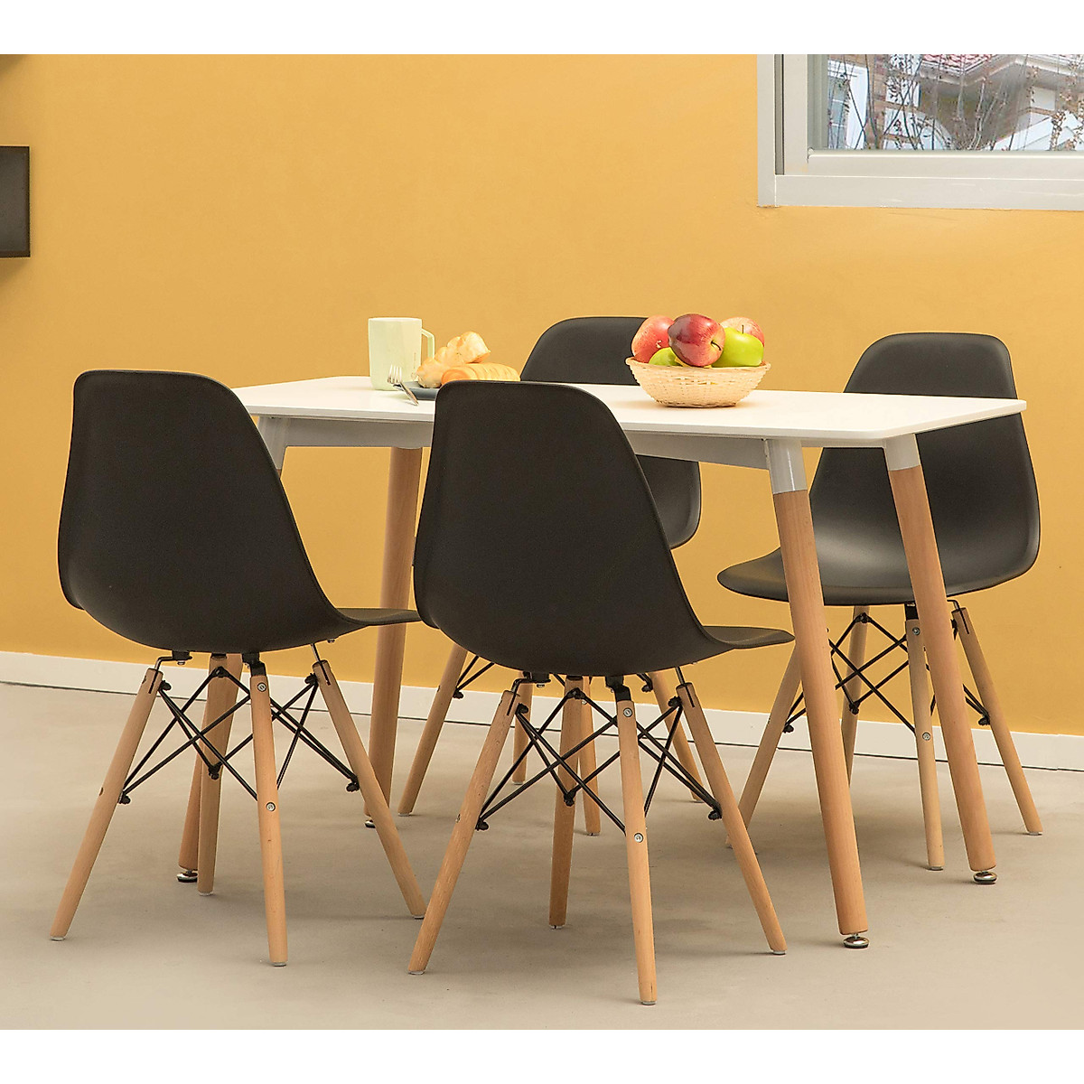 Fabulaxe Mid-Century Modern Style Plastic DSW Shell Dining Chair with Solid Beech Wooden Dowel Eiffel Legs, Black