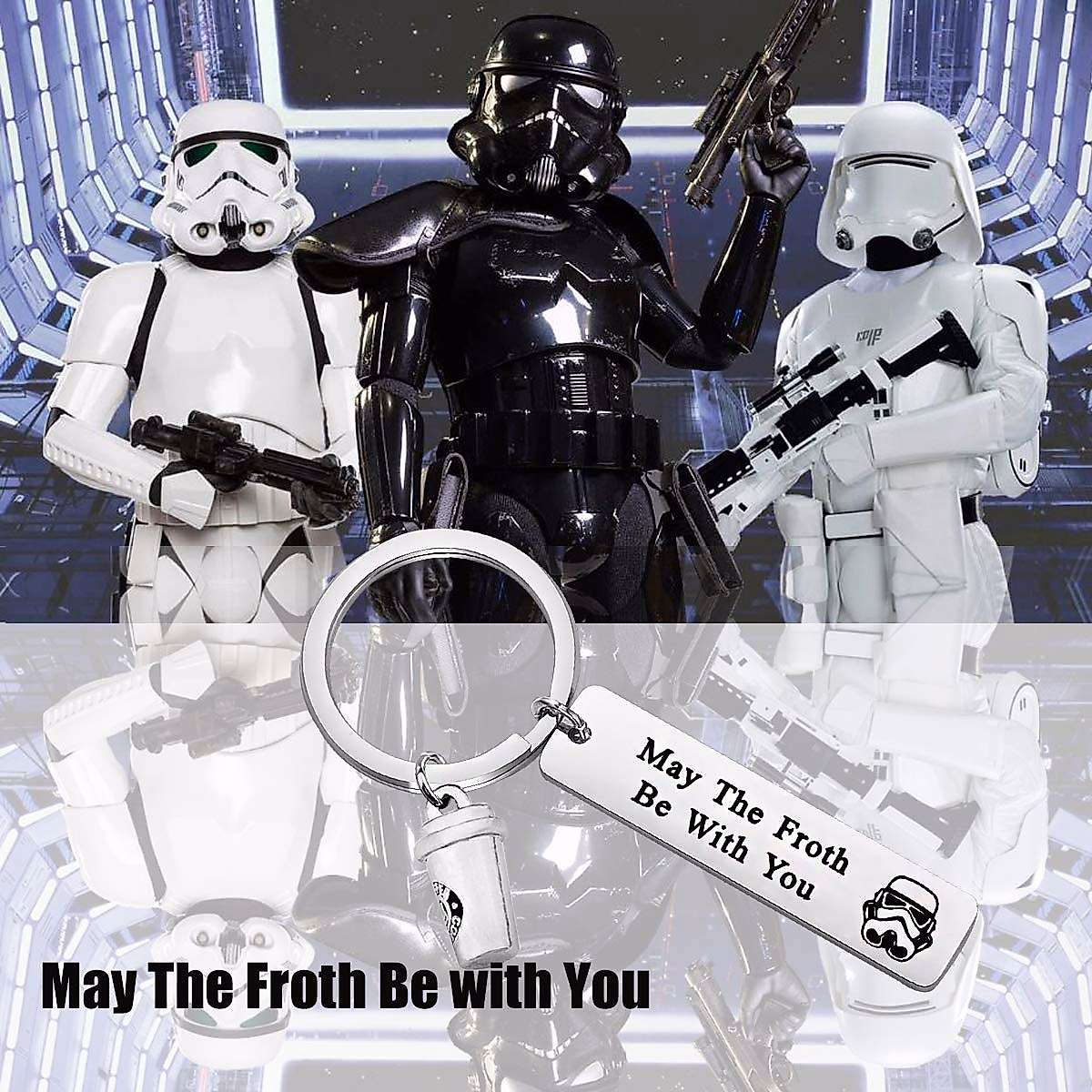FOTAP Coffee Charm Keychain May The Froth Be With You keychain Storm Trooper Gift Barista Gift (Wars Coffee Keychain)
