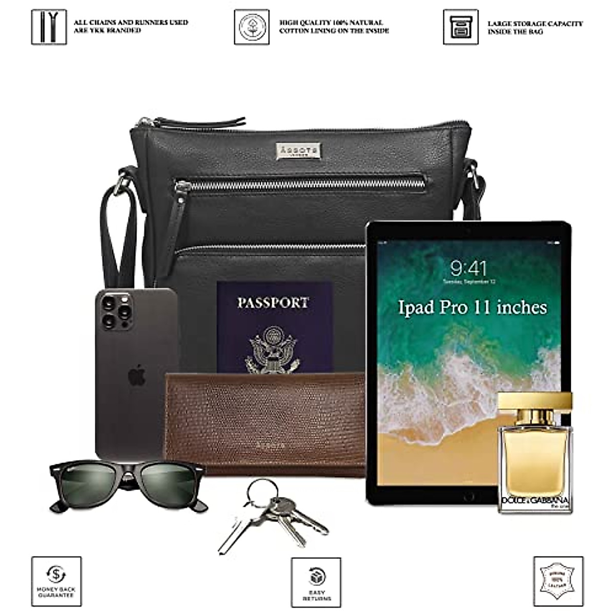 ASSOTS Genuine Leather Crossbody Bag for Women – Triple Zip Crossover Purse Travel Bag Fits iPad Pro 11” (AGATHA - Black Pebble Grain)