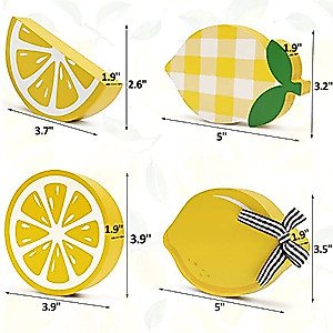Lemon Tiered Tray Block Decor Summer Farmhouse Wooden Pieces Lemonade Yellow Buffalo Plaid Farmhouse 3D Stand Rustic Kitchen Decoration Signs Summer Gift Ideas Set of 4
