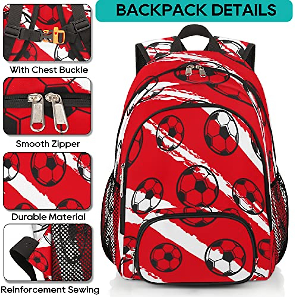 AUUXVA Soccer Football Print Backpack for Women Men Girls Boys, Casual Daypack Backpacks Durable School Bag Laptop Bookbag Rucksack for School Travel Work Camping Hiking