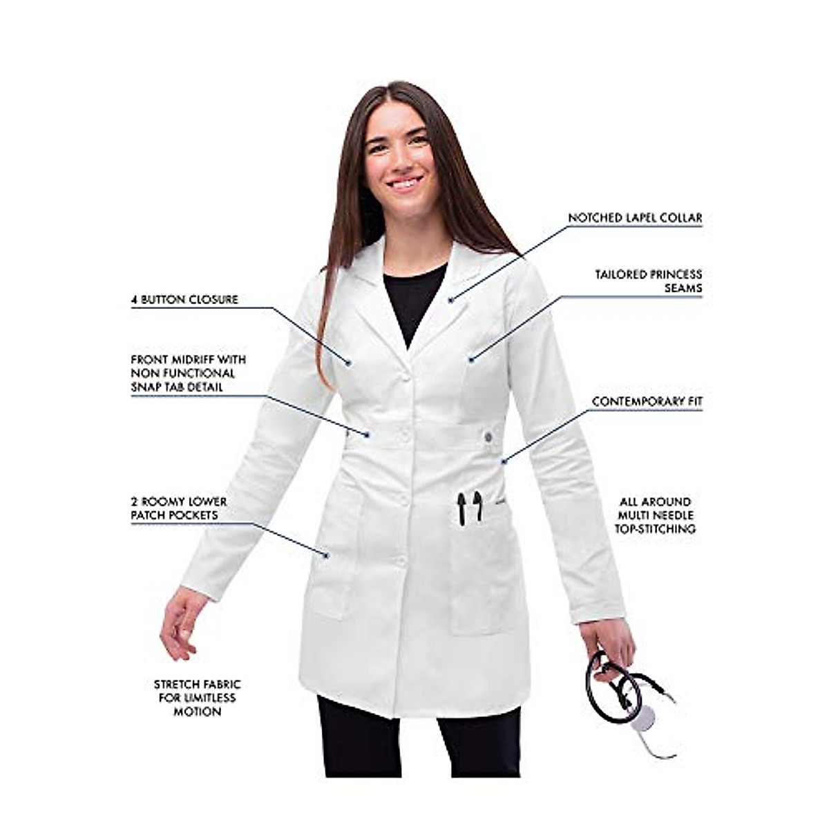 Adar Universal Stretch Lab Coat for Women - 36" Tab-Waist Lab Coat - 3304 - White - 3X
