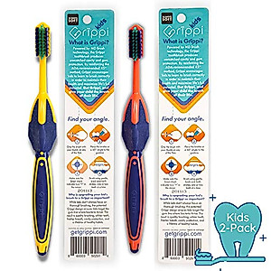 Grïppi Kids Manual Toothbrush | 45° Brush Helps Children Get a Deep Clean of Teeth & Gums | Encourages & Teaches Correct Brushing. (Superior Cavity Protection, Extra Soft, Easy to Grip), 2-Pack