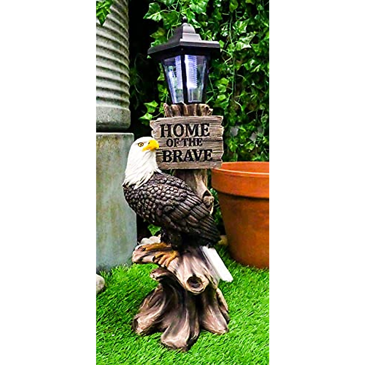 Ebros Home of The Brave Patriotic American Bald Eagle Perching On Tree Stump Garden Courtesy Night Light Statue Solar LED Lantern Lamp Guest Greeter Decor for Patio Poolside Home Figurine