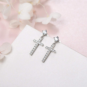 Carleen 14K White Gold Plated Sterling Silver Cubic Zirconia CZ Simulated Diamond Small Cute Cross Stud Earrings for Women Dangle Drop Earrings for Women