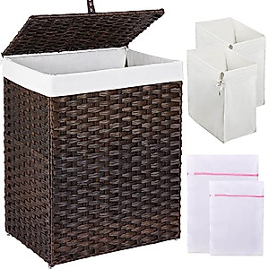 GREENSTELL Laundry Hamper with Lid, 90L Clothes Hamper with 2 Removable Liner Bags & 2 Mesh Laundry Bags, Handwoven Synthetic Rattan Laundry Basket for Clothes, Toys in Bathroom, Bedroom Brown