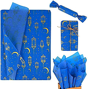 Bolsome 100 Sheets 20 * 14 Inches Eid Mubarak Tissue Wrapping Paper Blue and Gold Tissue Paper for Gift Bags for Ramadan Eid Al-fitr Gift Wrapping and DIY Crafts