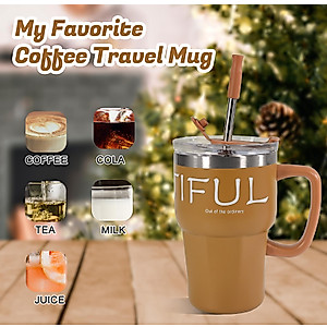 21 oz Insulated Coffee Mug Tumbler with Handle, Stainless Steel Travel Mug Tumbler with Lid and Straw, Coffee Travel Mug Spill Proof with Lid for Keep Hot/Ice Coffee, Brown
