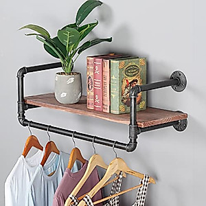 RZGY Industrial Pipe Clothing Rack with Shelves, Metal Commercial Clothes Racks for Hanging Clothes,Wall Mounted Black Iron Garment Bar