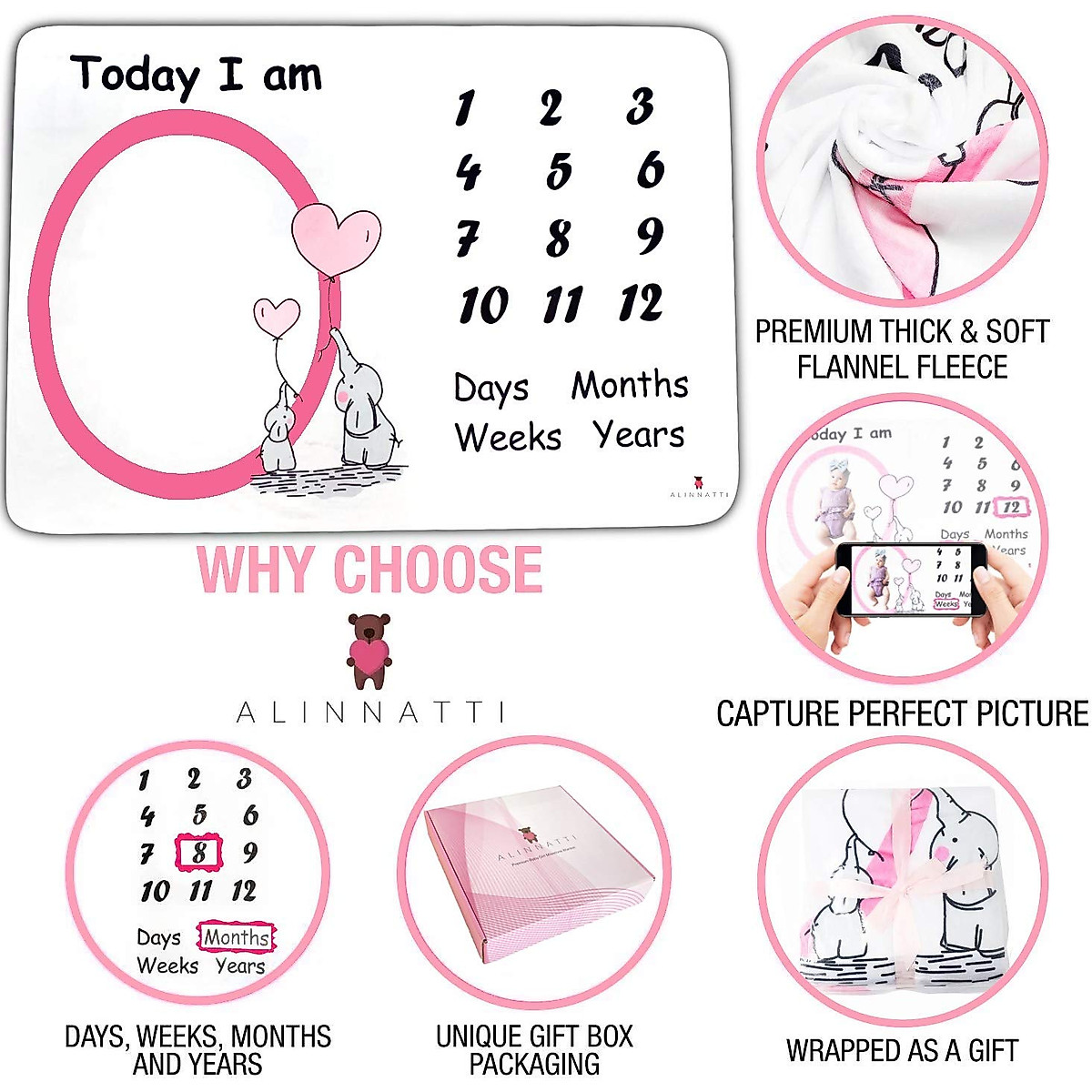 Baby Monthly Milestone Blanket Girl - Soft Newborn Baby Milestone Blanket, Age Personalized Baby Blankets, Growth Chart Months Baby Blanket, Prop Customized Elephant Blanket Shower, Gift Box +2 Frames