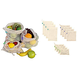 Earthwise Reusable Cotton Produce Bags Premium Set of 12 Grocery Bags Durable, Eco Friendly Material for Fruit and Vegetable Transport and Storage