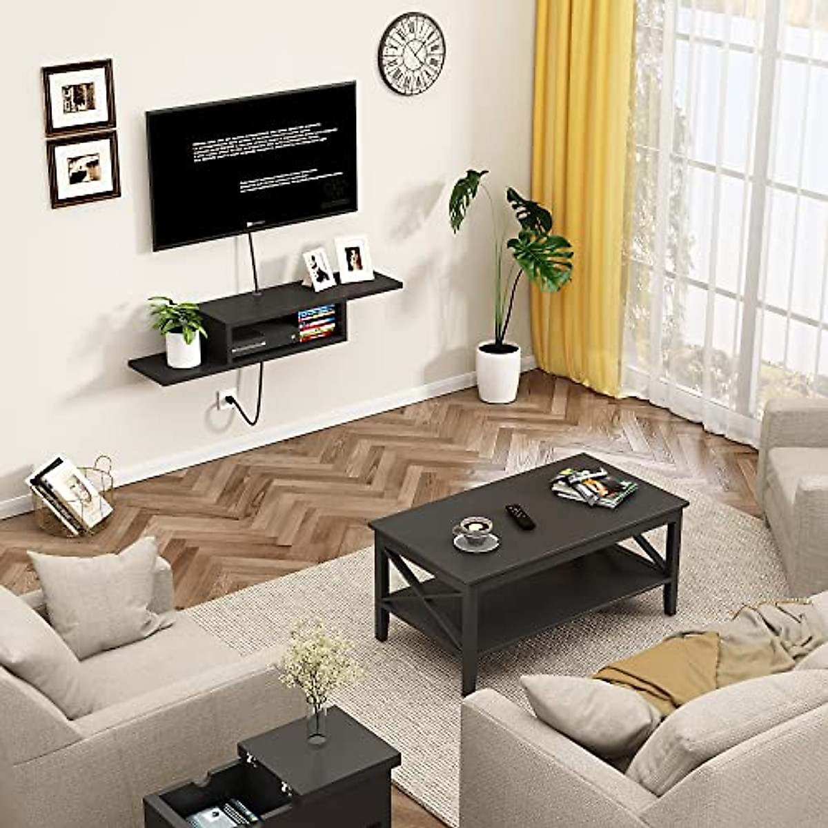 ChooChoo Floating TV Stand Shelf, Wall Mount Entertainment Center Media Console for Living Room, Bedroom, Black