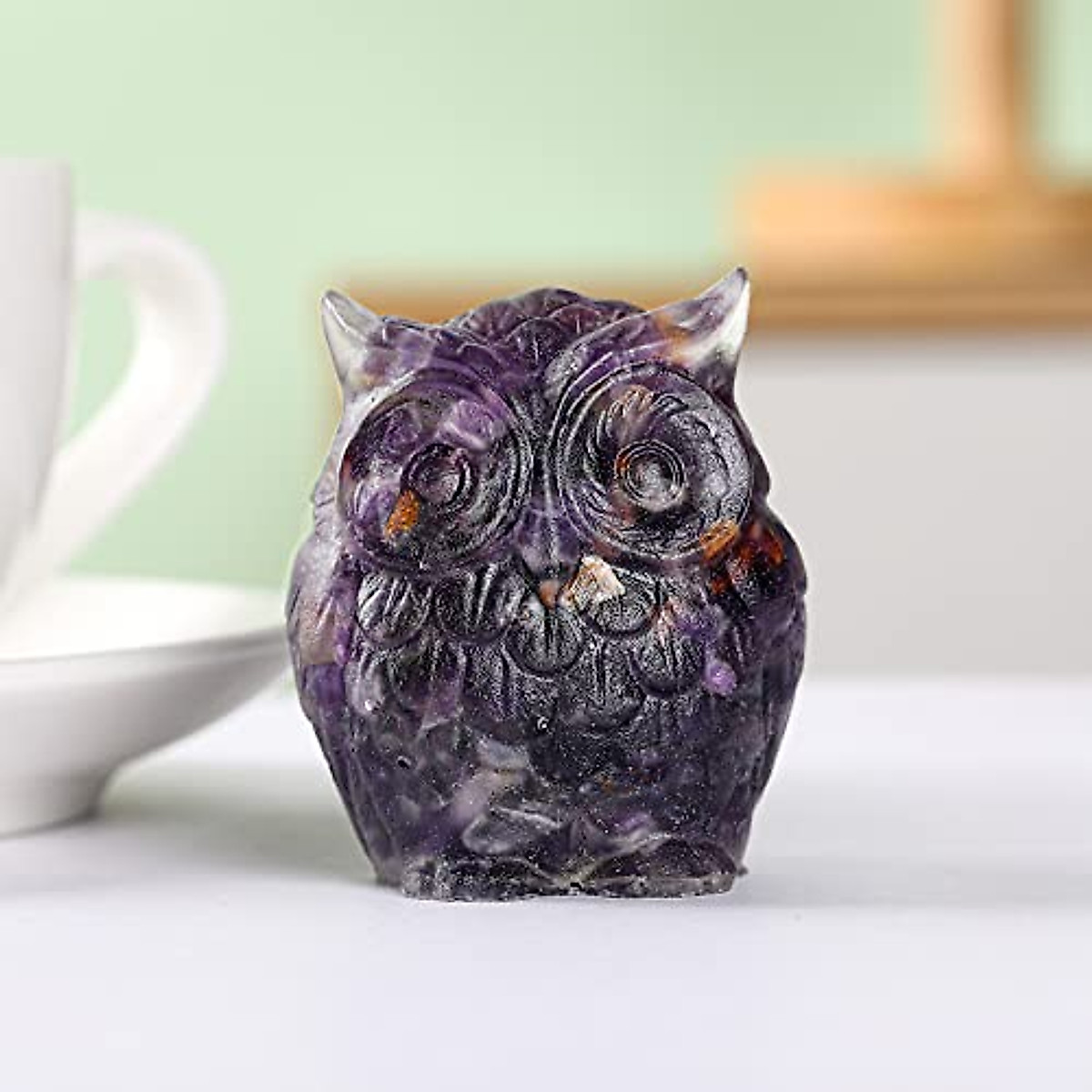 Reyife Hand-Carved Natural Crystal Owl Statue Reiki Healing Gemstone Animal Figurines Home Office Car Decoration Attract Good Luck The Best Gifts 2 inches(Amethyst)