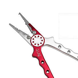 BITE Fishing Tackle 7 inch Fishing Pliers, Aluminum Fishing Tools, Saltwater Resistant Fishing Gear with Corrosion Resistant Coating and Rubber Handle,Fishing Gifts for Men RED Silver