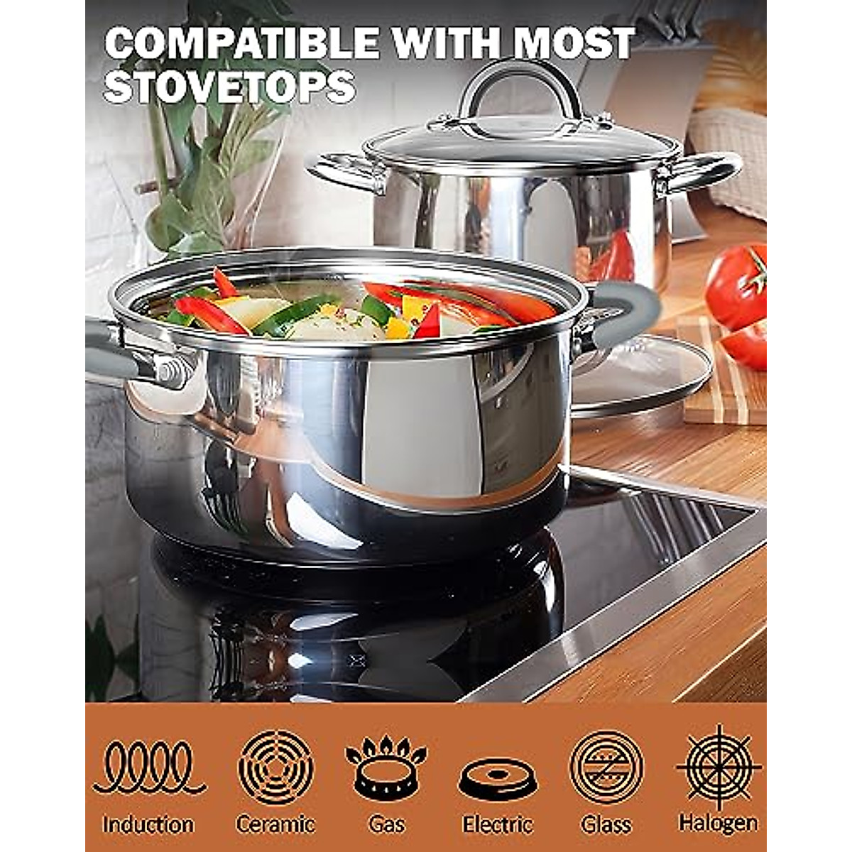 Cook N Home Stainless Cookware Sets Basic Pots and Pans, 12-Piece, Stainless Steel Grey Silicone Handle