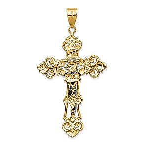 Solid 14k Yellow and White Gold Two Tone INRI Fleur De Lis Cross Pendant Crucifix Charm - 57mm x 31mm