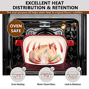 5QT Enameled Dutch Oven, Joyfair 2-in-1 Red Cast Iron Dutch Oven Pot with 2 QT Skillet Lid, Heavy Duty Oven Safe Cookware for Sourdough Bread Baking Braising Stewing Roasting Cooking, Easy Clean