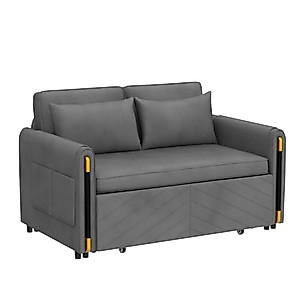 JEEOHEY Pull Out Couch Bed w/Headboard, 54" Modern Velvet Convertible Sleeper Sofa Bed, Small Love seat Sofa Bed with 2 Pillows & Detachable Side Pockets for Small Space, Living Room, Apartment, Grey